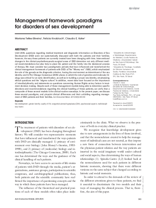 Pdf Management Framework Paradigms For Disorders Of Sex Development