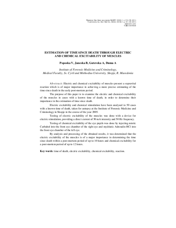 (PDF) Estimation of time since death through electric and chemical excitability of muscles