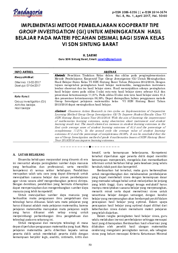 (PDF) Implementasi Metode Pembelajaran Kooperatif Tipe Group Investigation (Gi) Untuk ...