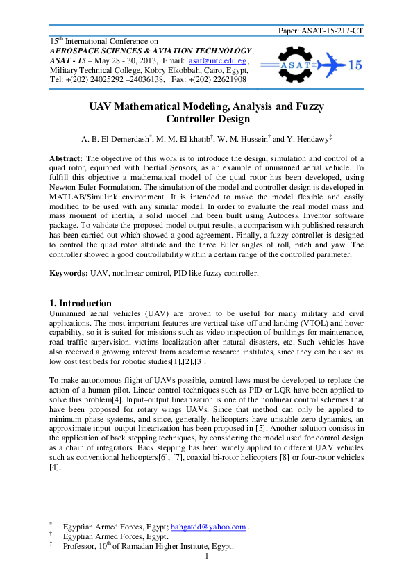 (PDF) UAV Mathematical Modeling, Analysis and Fuzzy Controller Design