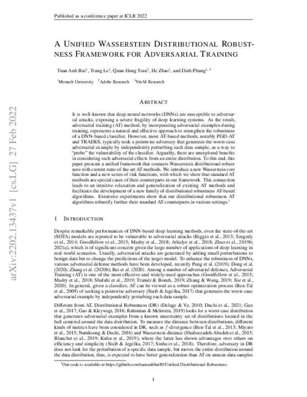 (PDF) A Unified Wasserstein Distributional Robustness Framework for Adversarial Training