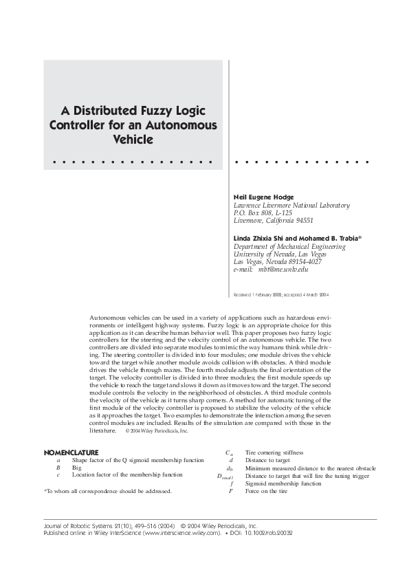 Pdf A Distributed Fuzzy Logic Controller For An Autonomous Vehicle