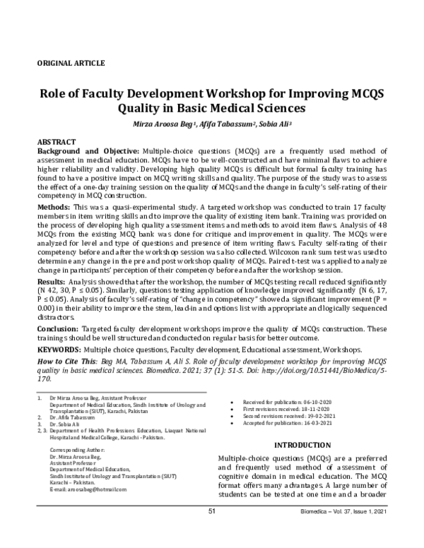 (PDF) Role of Faculty Development Workshop for Improving MCQS Quality in Basic Medical Sciences