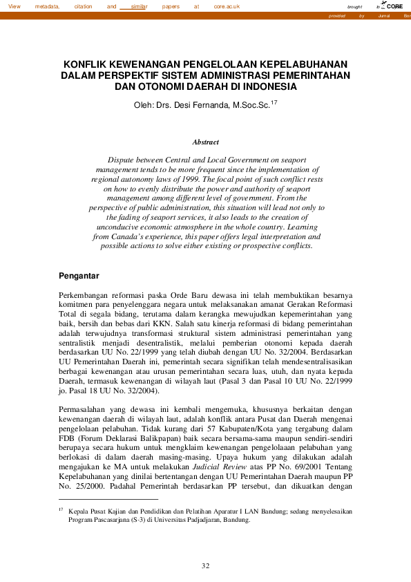 (PDF) Konflik Kewenangan Pengelolaan Kepelabuhanan Dalam Perspektif Sistem Administrasi ...