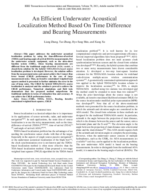 Pdf Efficient Underwater Acoustical Localization Method Based On Time Difference And Bearing