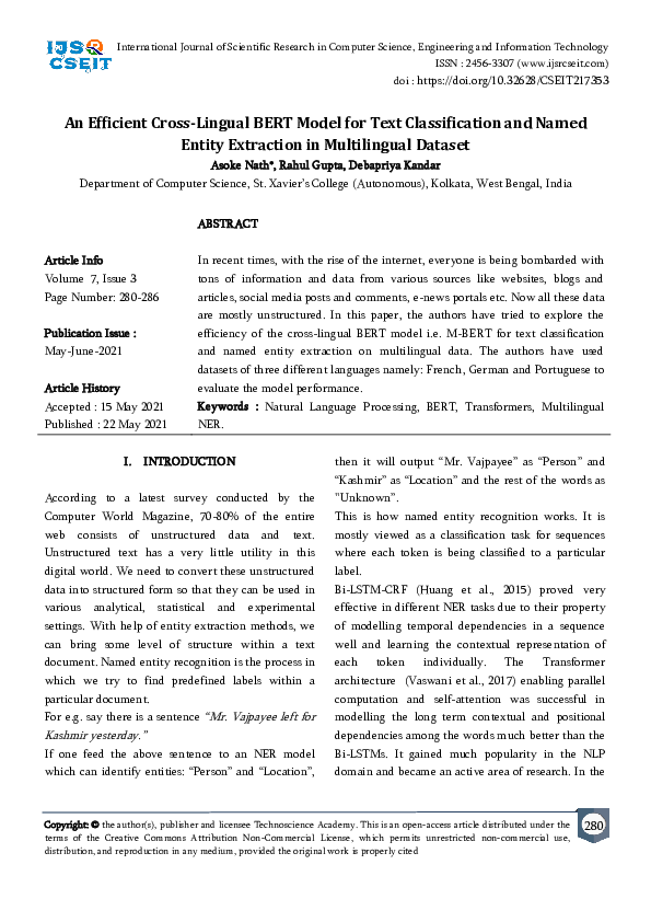 Pdf An Efficient Cross Lingual Bert Model For Text Classification And Named Entity Extraction