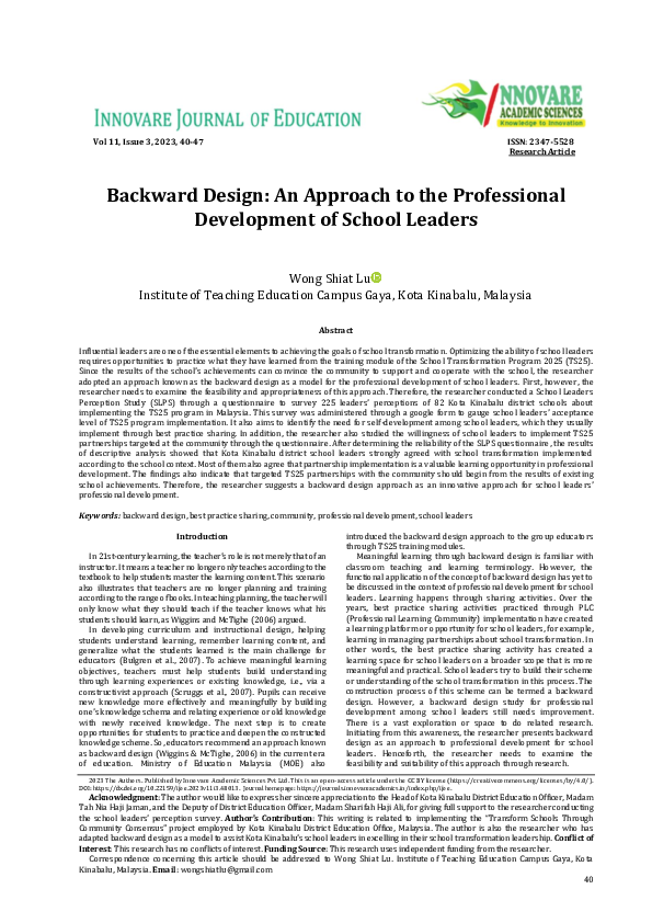 (PDF) Backward Design: An Approach to the Professional Development of ...