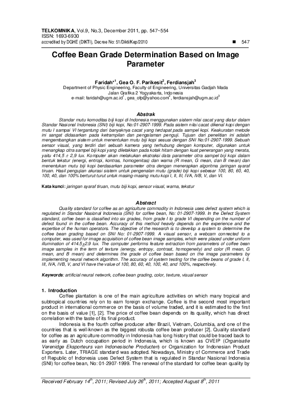 (PDF) Coffee Bean Grade Determination Based on Image Parameter