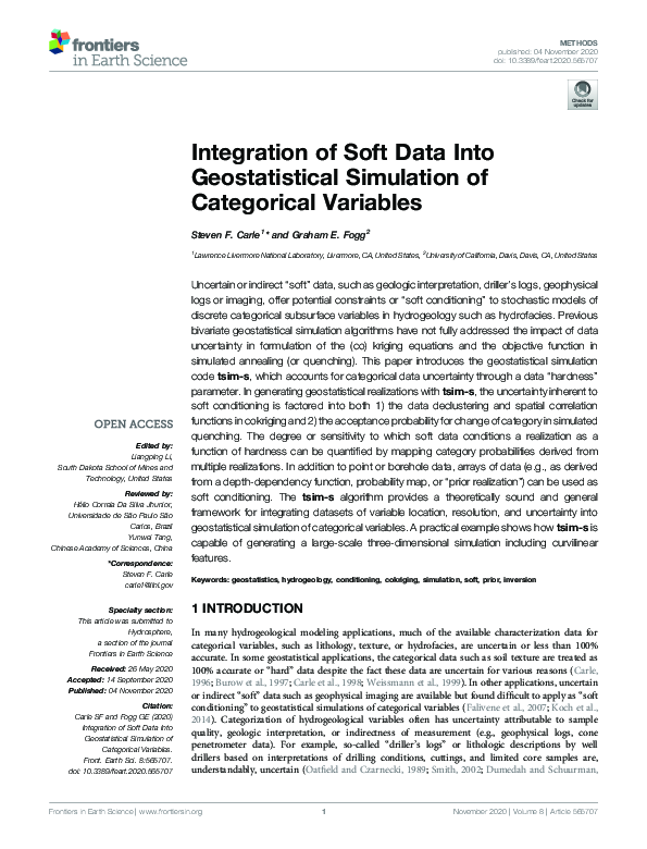 (PDF) Integration of Soft Data Into Geostatistical Simulation of Categorical Variables