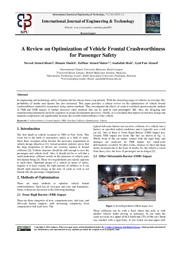 (PDF) A Review on Optimization of Vehicle Frontal Crashworthiness for Passenger Safety
