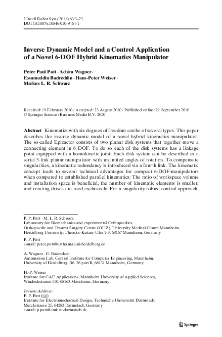 (PDF) Inverse Dynamic Model and a Control Application of a Novel 6-DOF Hybrid Kinematics Manipulator