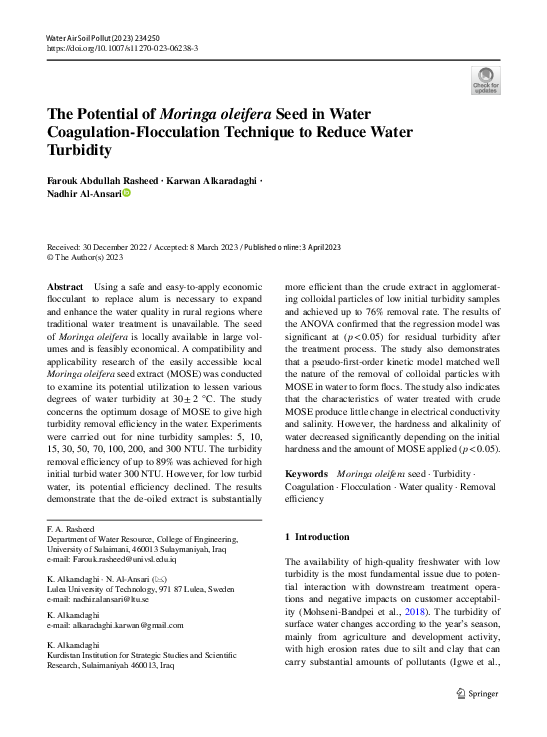 (PDF) The Potential of Moringa oleifera Seed in Water Coagulation-Flocculation Technique to ...