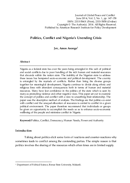 (PDF) Development Politics , Conflict and Nigeria ’ s Unending Crisis