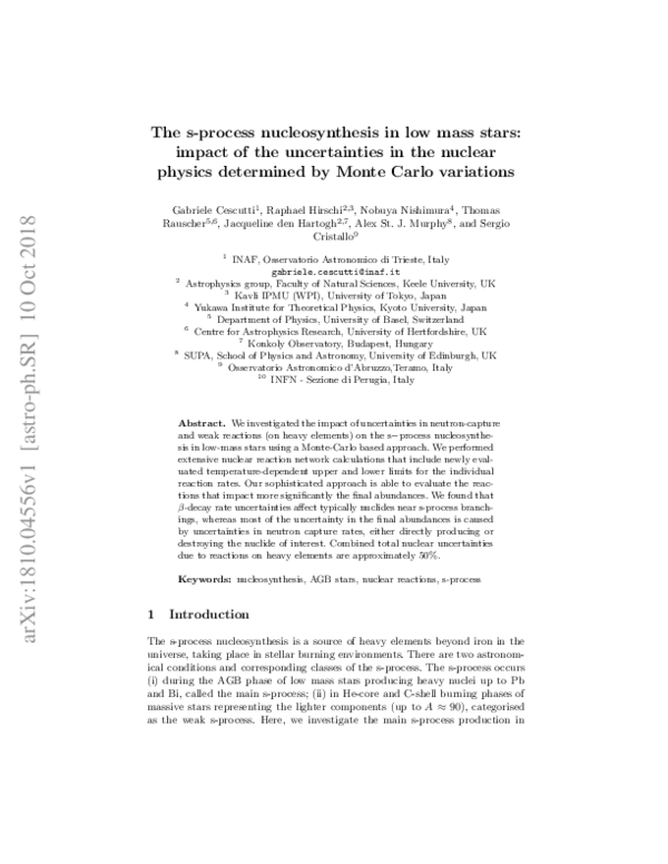 (PDF) The s-Process Nucleosynthesis in Low Mass Stars: Impact of the Uncertainties in the ...