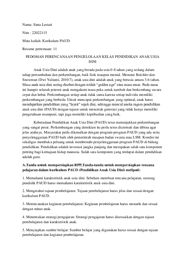 (PDF) Nama: Sinta Lestari Nim : 22022115 Mata kuliah: Kurikulum PAUD Resume pertemuan: 11 ...