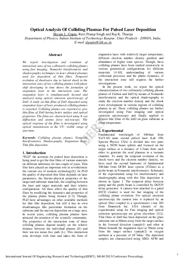 (PDF) Optical Analysis Of Colliding Plasmas For Pulsed Laser Deposition