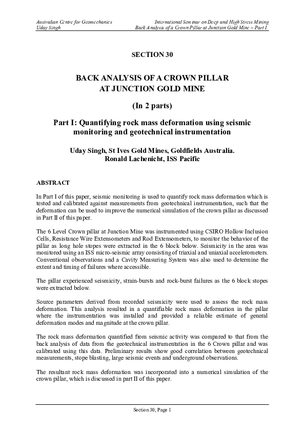 (PDF) BACK ANALYSIS OF A CROWN PILLAR AT JUNCTION GOLD MINE (In 2 parts ...