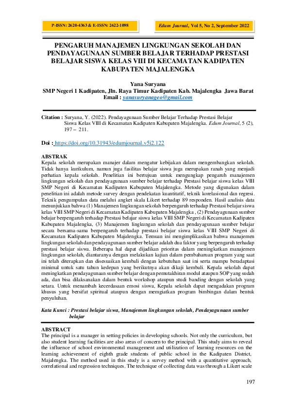 (PDF) Pengaruh Manajemen Lingkungan Sekolah Dan Pendayagunaan Sumber Belajar Terhadap Prestasi ...