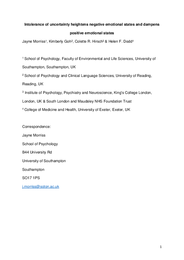 (PDF) Intolerance of uncertainty heightens negative emotional states ...