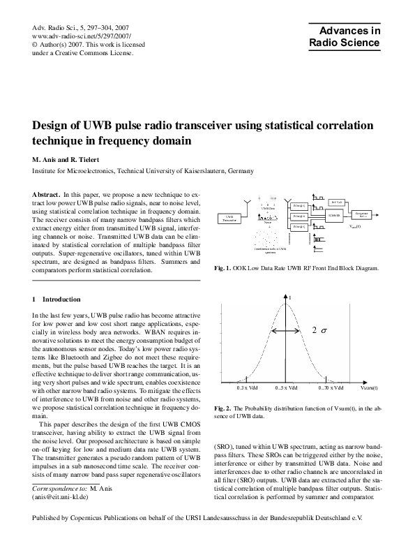 (PDF) Design of UWB pulse radio transceiver using statistical correlation technique in frequency ...