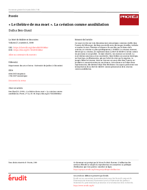 (PDF) « Le théâtre de ma mort ». La création comme annihilation