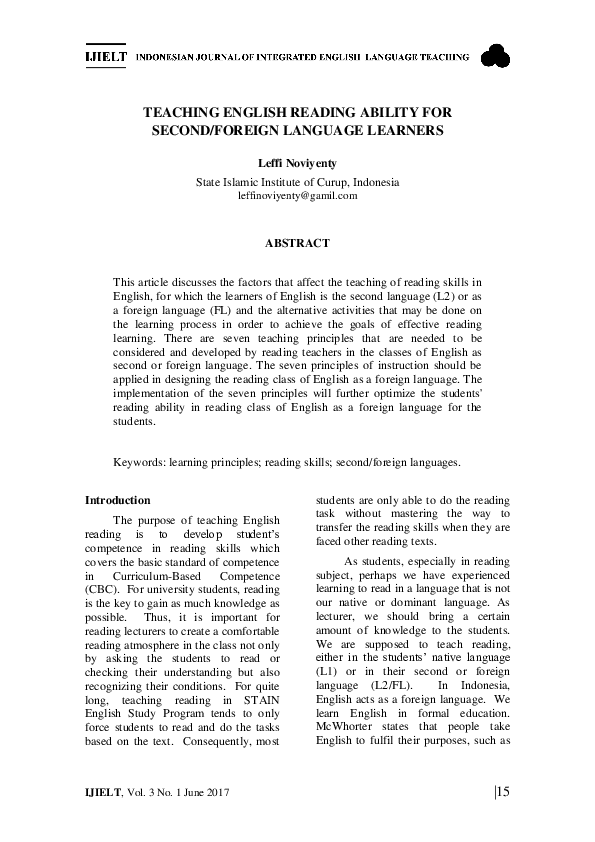 (PDF) Teaching English Reading Ability for Second/Foreign Language Learners