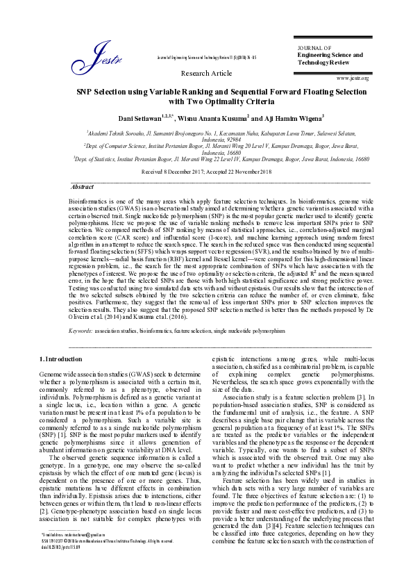 Pdf Snp Selection Using Variable Ranking And Sequential Forward Floating Selection With Two
