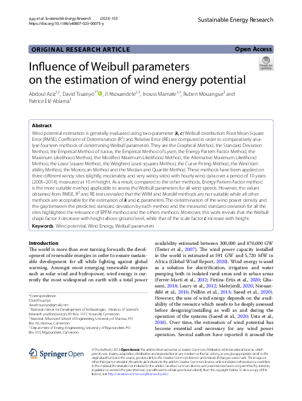 (PDF) Influence of Weibull parameters on the estimation of wind energy potential