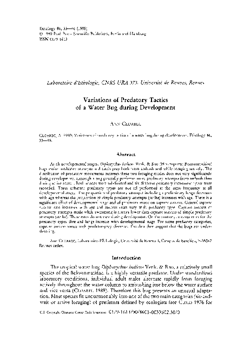 (PDF) Variations of Predatory Tactics of a Water Bug during Development