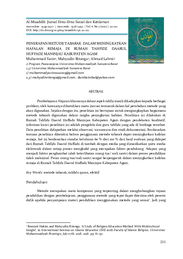 (PDF) Penerapan Metode Tabarak Dalam Meningkatkan Hafalan Remaja DI Rumah Tahfidz Daarul Huffadz ...