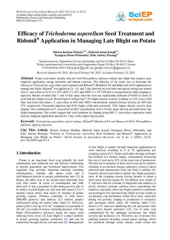 Pdf Efficacy Of Trichoderma Asperellum Seed Treatment And Ridomil® Application In Managing