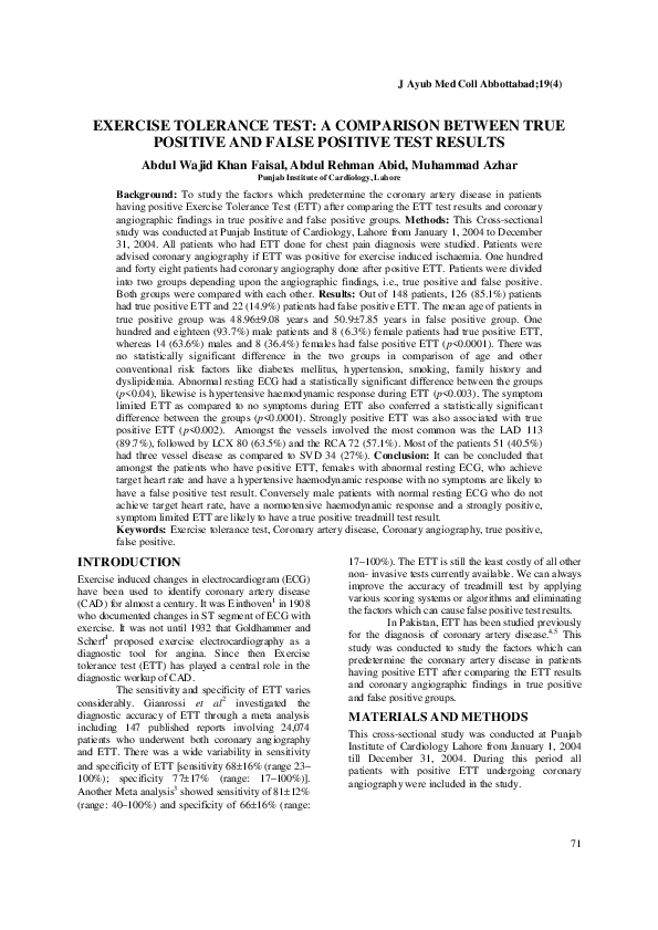 (PDF) Exercise Tolerance Test: a comparison between true positive and ... (PDF) Exercise Tolerance Test: a comparison between true positive and ...