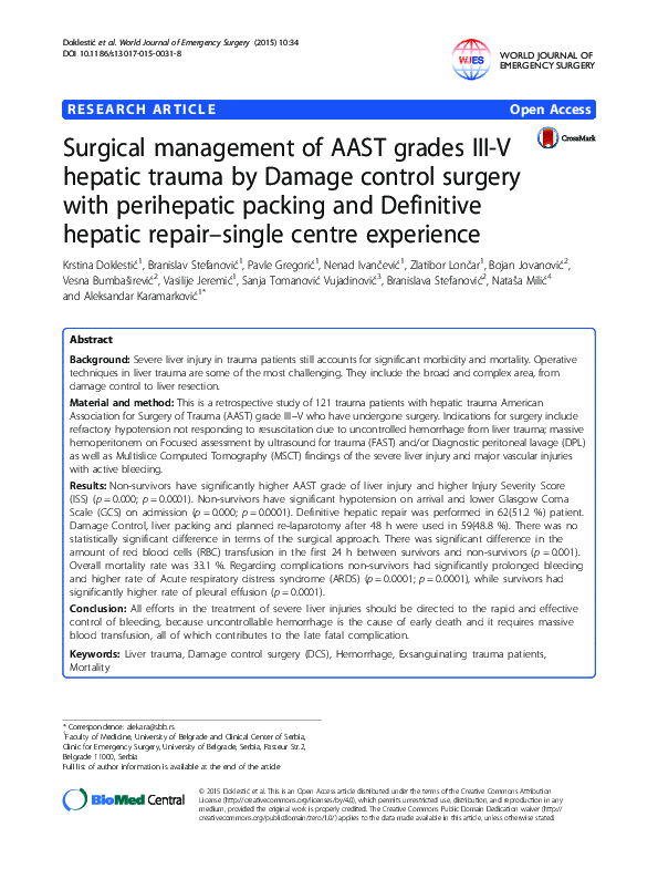 (PDF) Surgical management of AAST grades III-V hepatic trauma by Damage ...
