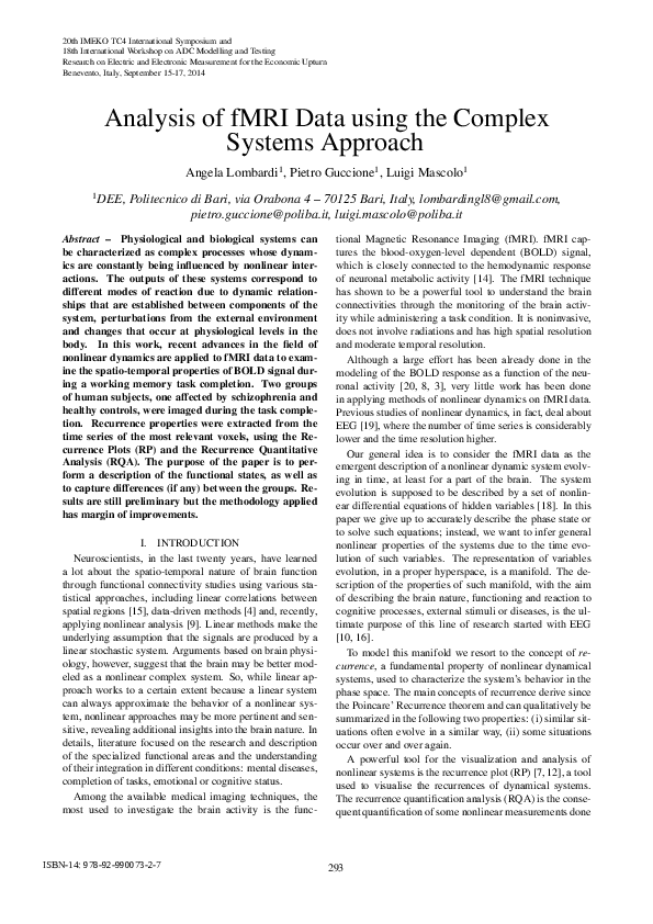 (PDF) Analysis of fMRI Data using the Complex Systems Approach