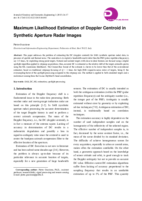 (PDF) Maximum Likelihood Estimation of Doppler Centroid in Synthetic ... (PDF) Maximum Likelihood Estimation of Doppler Centroid in Synthetic ...