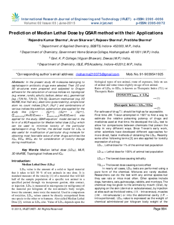 (PDF) Prediction of Median Lethal Dose by QSAR method with their Applications