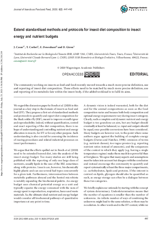(PDF) Extend standardised methods and protocols for insect diet composition to insect energy and ...