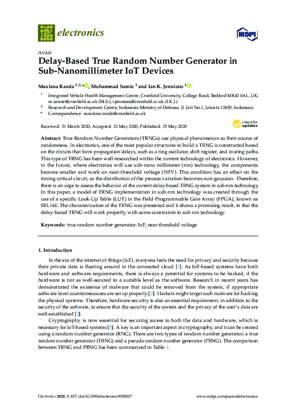 Pdf Delay Based True Random Number Generator In Sub Nanomillimeter Iot Devices 