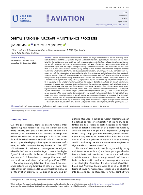 (PDF) DIGITALIZATION IN AIRCRAFT MAINTENANCE PROCESSES