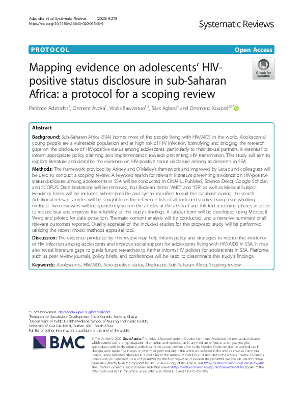 (PDF) Mapping evidence on adolescents’ HIV-positive status disclosure ...
