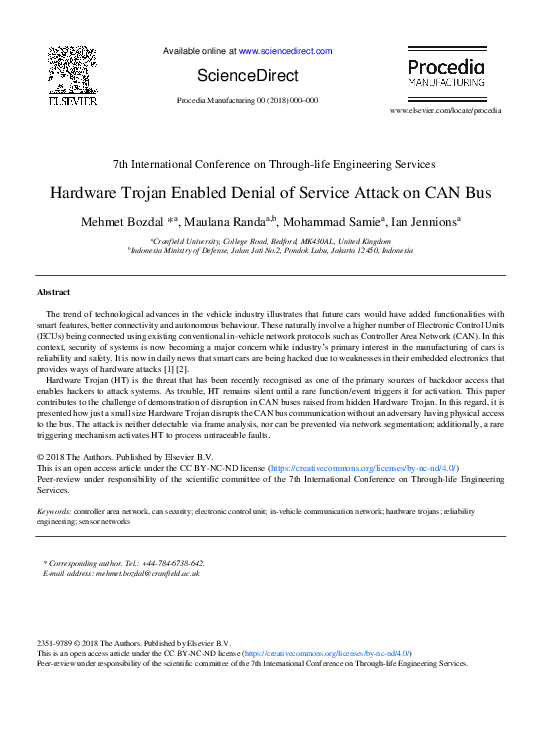(PDF) Hardware Trojan Enabled Denial of Service Attack on CAN Bus