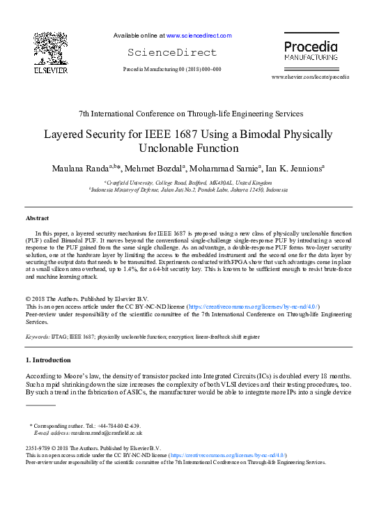 Pdf Layered Security For Ieee 1687 Using A Bimodal Physically Unclonable Function