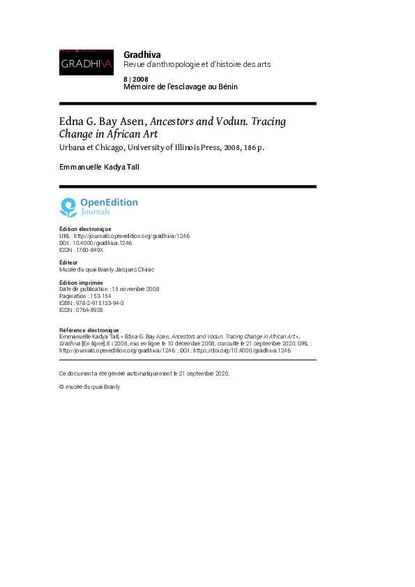 (PDF) Edna G. Bay Asen, Ancestors and Vodun. Tracing Change in African Art