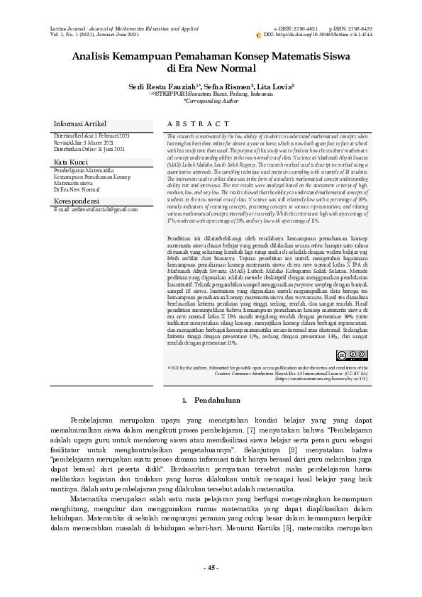 (PDF) Analisis Kemampuan Pemahaman Konsep Matematis Siswa di Era New Normal