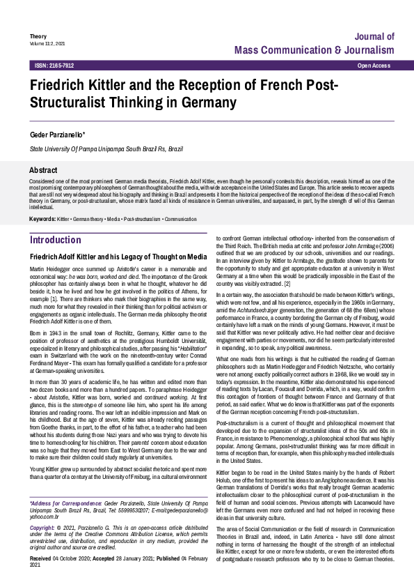 (PDF) Friedrich Kittler and the Reception of French Post-Structuralist ...