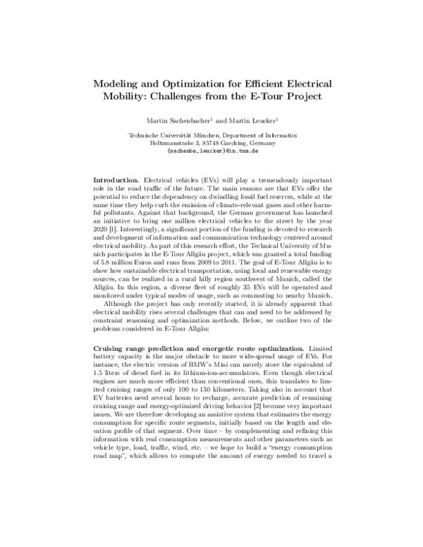 (PDF) Modeling and Optimization for Efficient Electrical Mobility: Challenges from the E-Tour ...