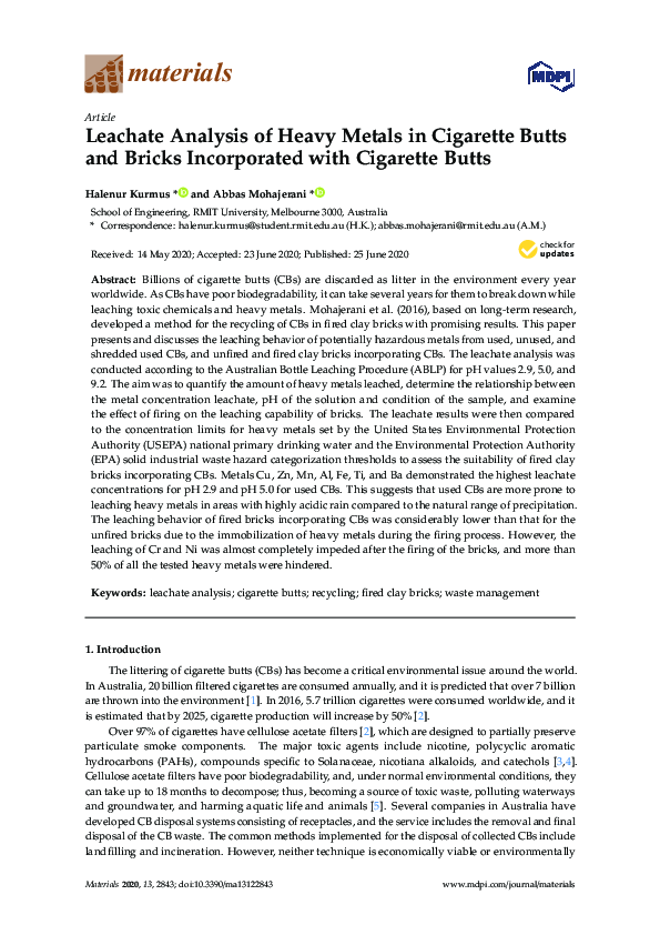(PDF) Leachate Analysis of Heavy Metals in Cigarette Butts and Bricks ...