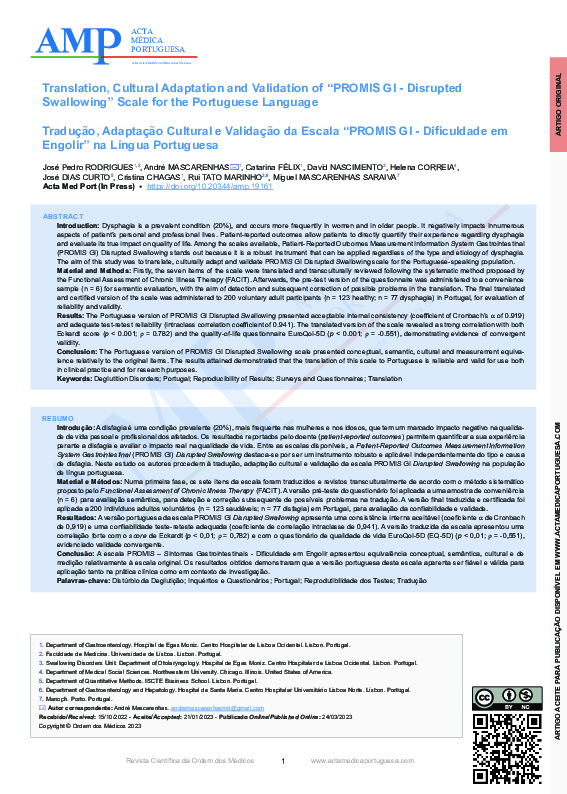 (PDF) Translation, Cultural Adaptation and Validation of “PROMIS GI - Disrupted Swallowing ...