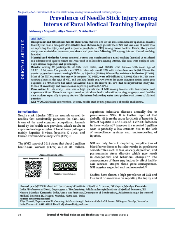 (PDF) Prevalence of Needle Stick Injury among Interns of Rural Medical ...