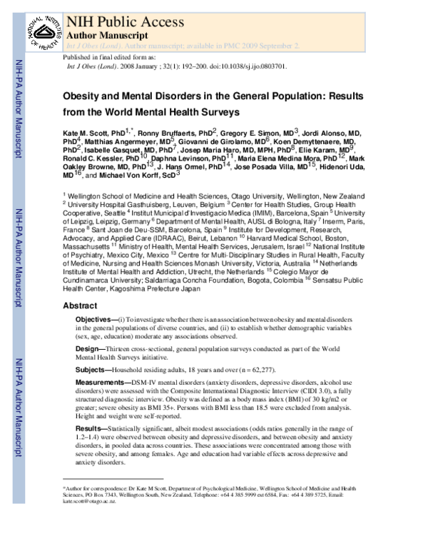 (PDF) Obesity and mental disorders in the general population: results ...
